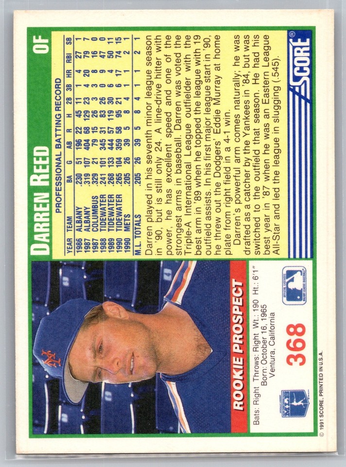 1991 Score Darren Reed Rookie #368 New York Mets | eBay