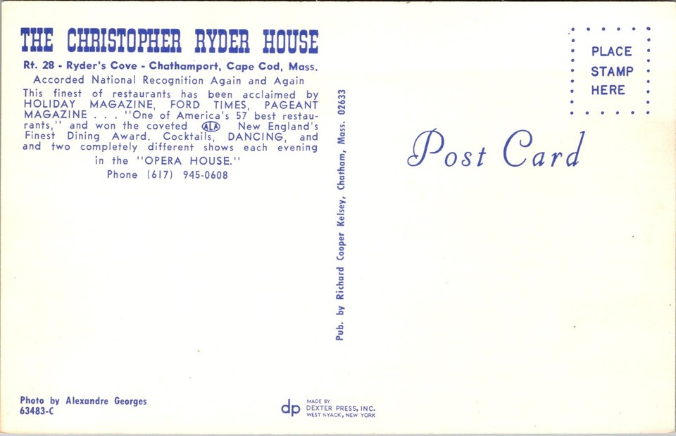 Postcard~Cape Cod Massachusetts~Christopher Ryder House~Restaurant ...