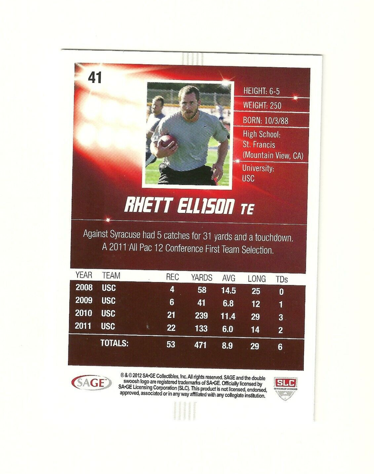 2012 SAGE HIT Silver #41 Rhett Ellison Minnesota Vikings Giants USC ...