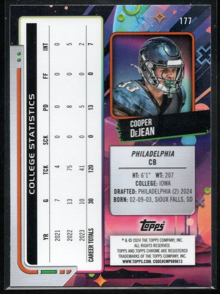 2024 Topps Cosmic Chrome Cooper DeJean RC Rookie White Hole #177 RARE 1 ...