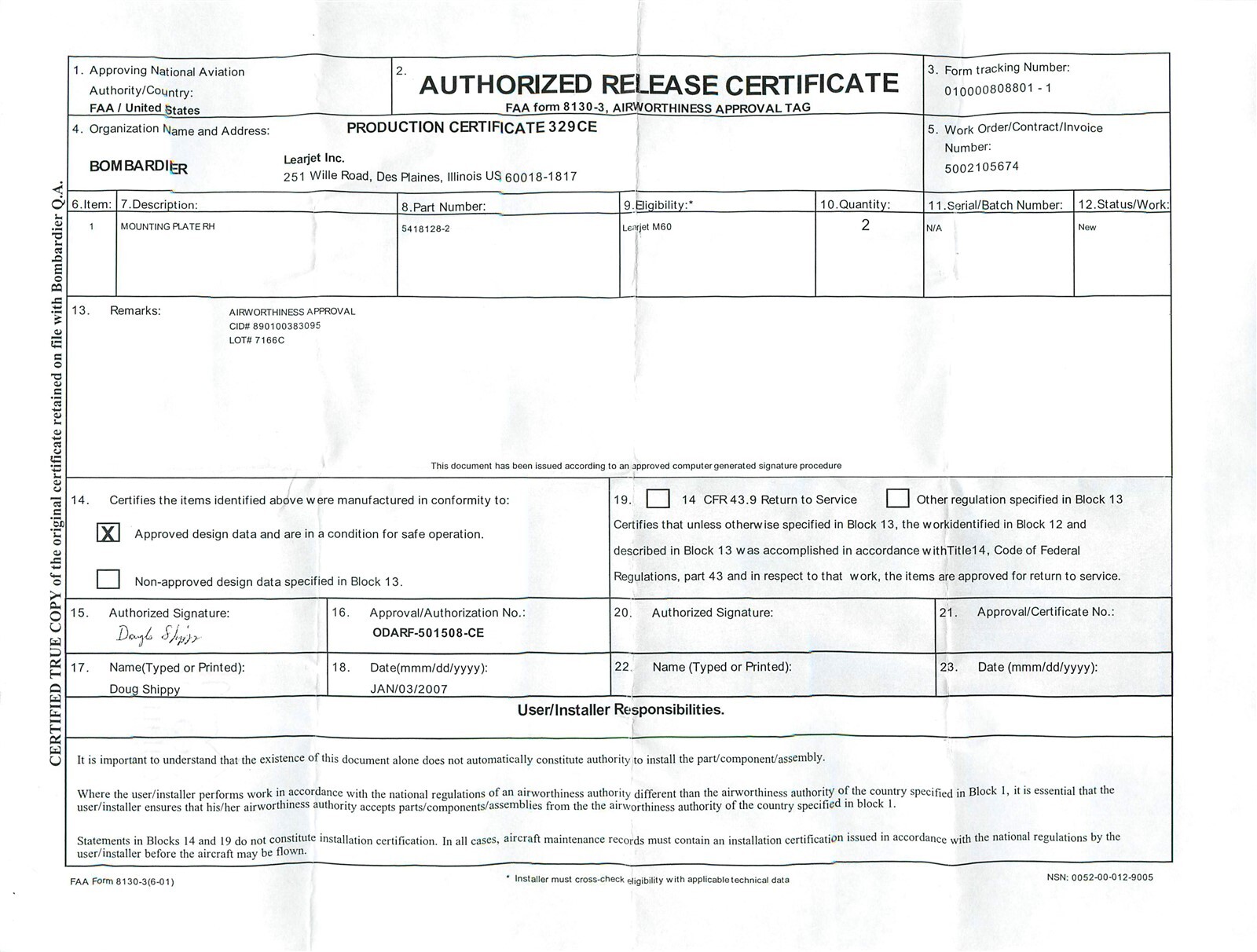 NEW LEARJET 60 AOA RH MOUNTING PLATE P/N 5418128-2 | eBay