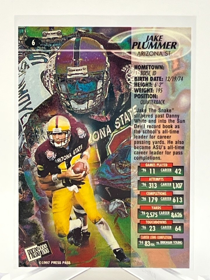 1997 Press Pass NCAA Football Card #6 Jake Plummer Arizona State Sun ...