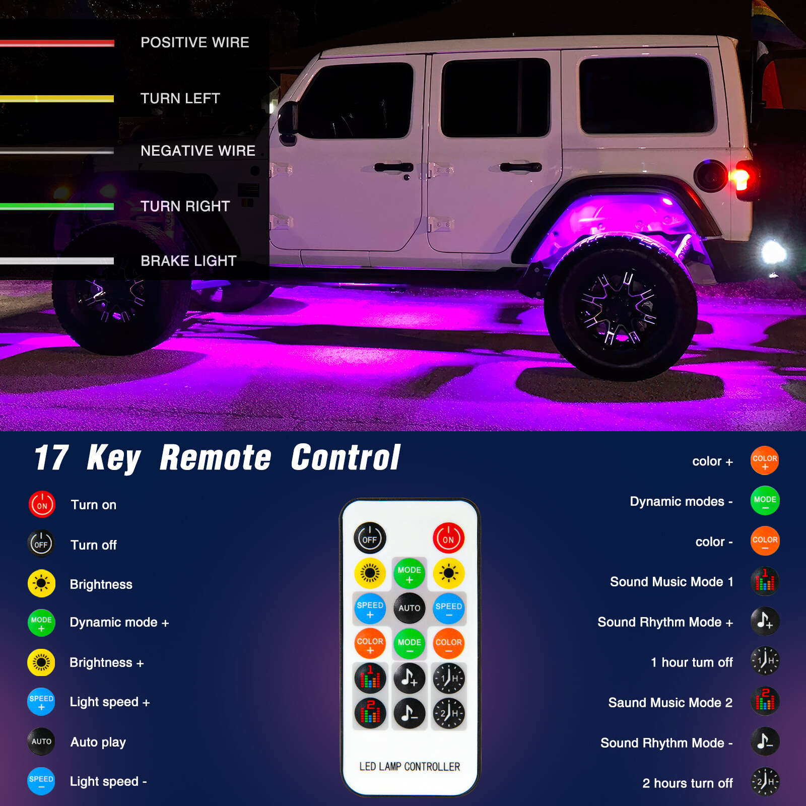 2X 3ft Lighted Spiral COB LED Whip Antenna w/Flag + 10X RGB Rock Lights ...
