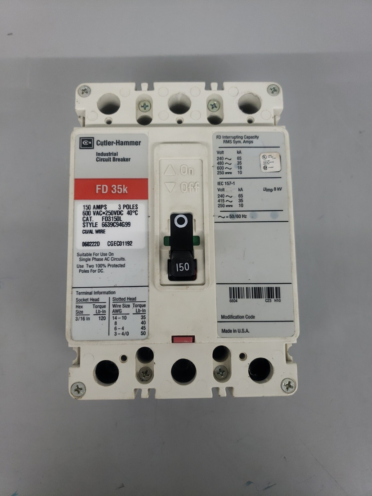 Cutler-Hammer FD3150L Circuit Breaker, 3 Pole, 600VAC, 150A, 18K AIC | eBay