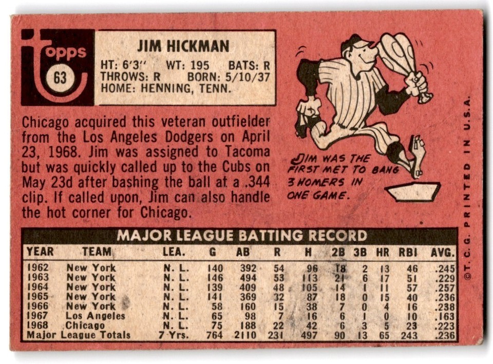 1969 Topps Jim Hickman Chicago Cubs #63 | eBay