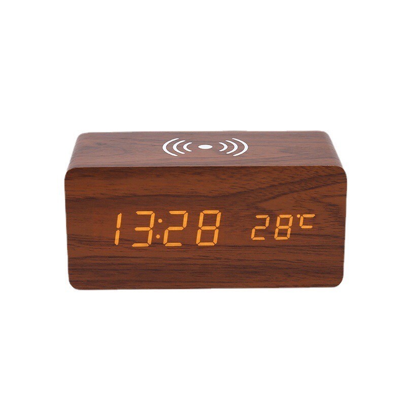 LED Wooden Digital Bedside Alarm Clock Qi Wireless Charging USB Battery ...