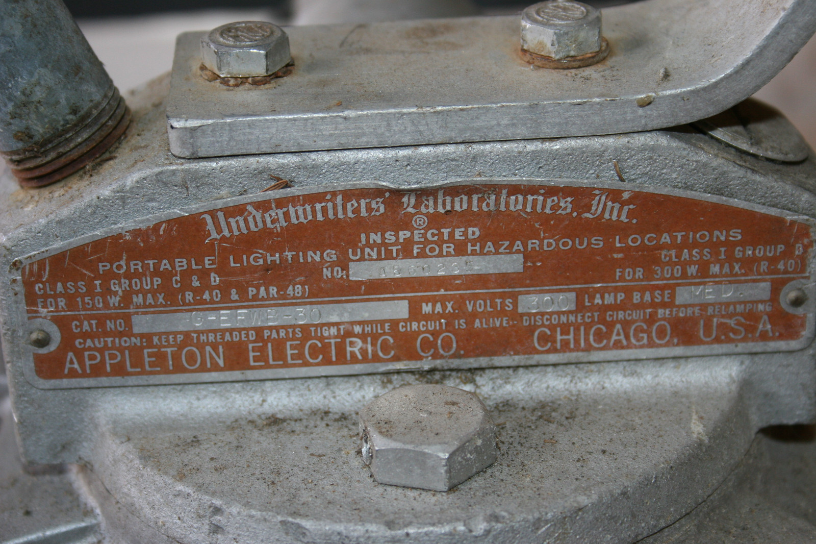 APPLETON Explosion Proof PORTABLE FLOOD LIGHT GEFWB30 300V Hazardous ...