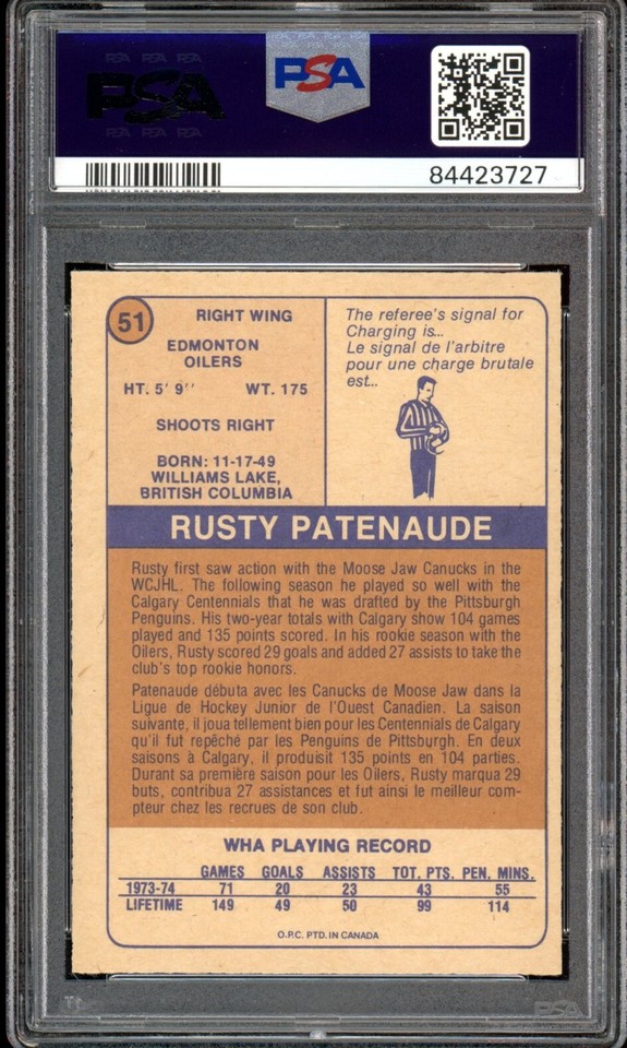 1974-75 OPC WHA HOCKEY #51 Rusty Patenaude Rookie PSA 8 NM-MT Edmonton ...