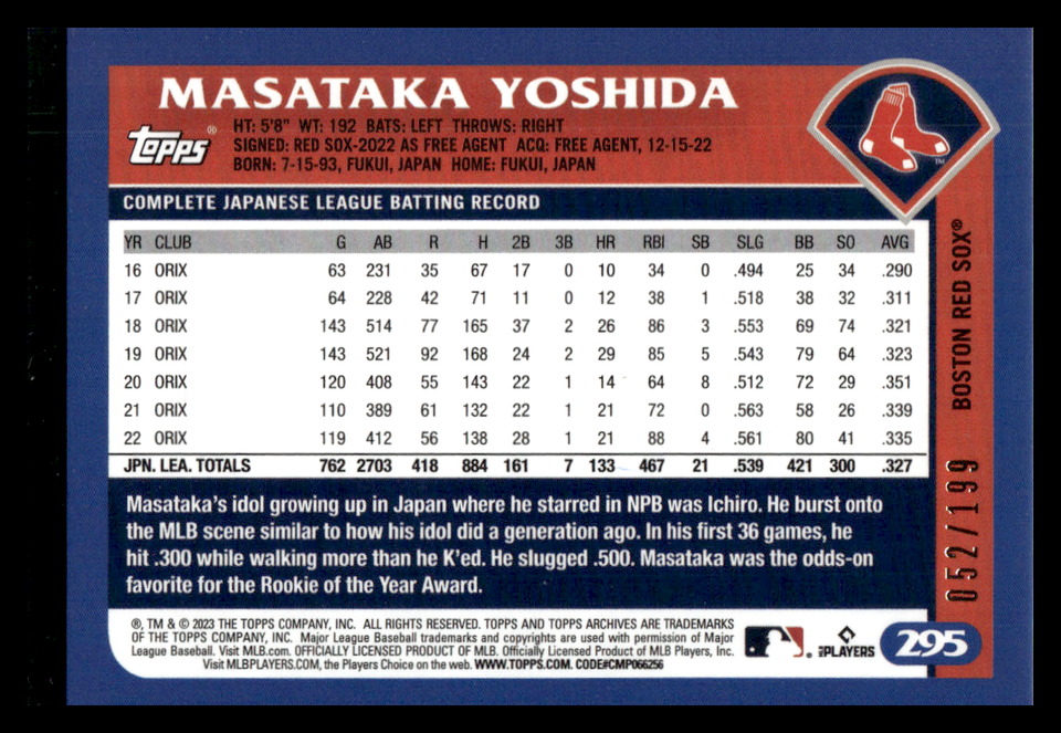 2023 Topps Archives Rainbow Foil #295 Masataka Yoshida Red Sox RC ...