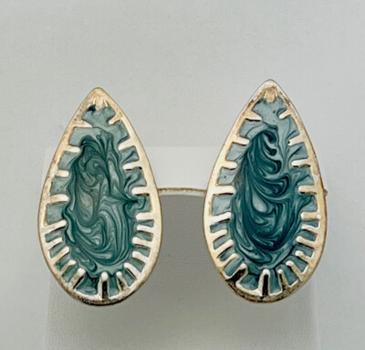Vintage 1980-90s Silver Tone Denim Swirl Enamel Shield Pierced Earrings ...