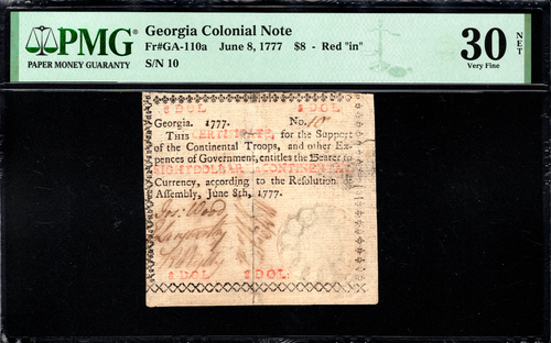 Georgia Colonial Note Fr#GA-110a June 8, 1777 $8 PMG 30 *Fugio Design ...
