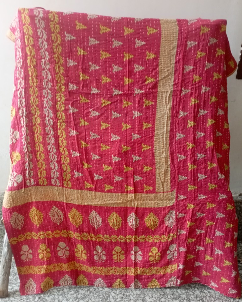 Vintage Indian Handmade Quilt Kantha Bedspread Throw Cotton Blanket ...