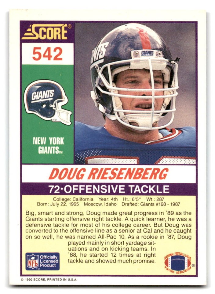 Doug Riesenberg 1990 Score #542 New York Giants FOOTBALL | eBay