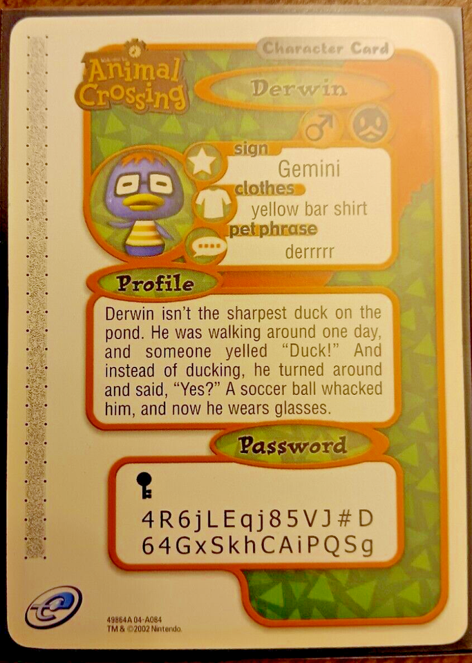 Nintendo Animal Crossing E-Reader Card - Villager Card - 084 Derwin ...