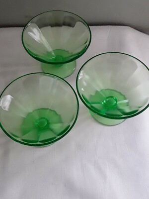 3 Glowy Federal Green Glass Footed Sherbert Dishes, panelled parrot ...