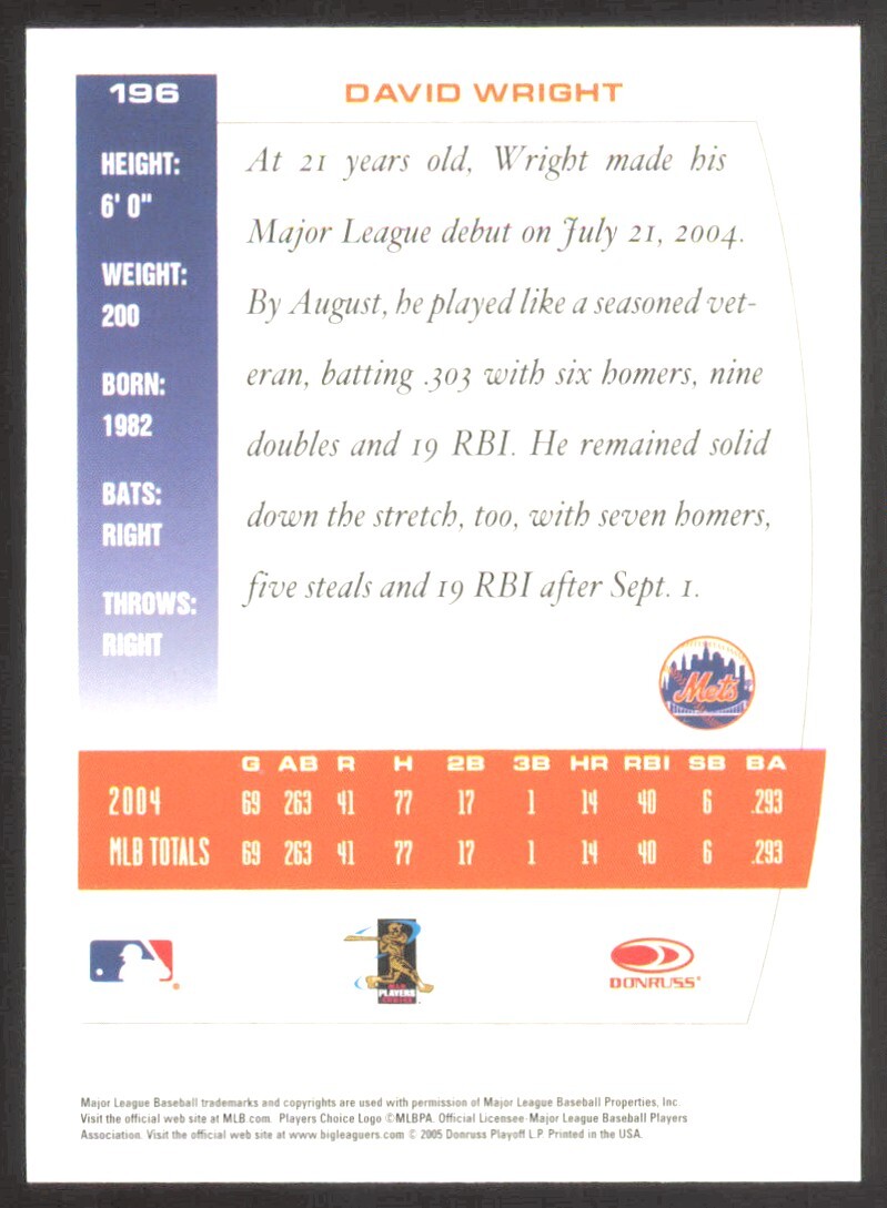 2005 Donruss Team Heroes David Wright New York Mets #196 | eBay