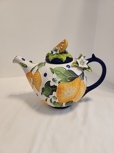 BLUE SKY Clayworks Lemon & Blueberry Hand Painted Teapot 6.75" Ceramic ...