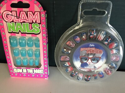 32 Justice Girls Bling Press On Fake Nails Cat, Flag & Glam Nails Glow ...