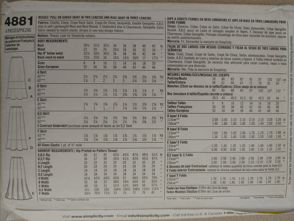 Simplicity Pattern 4881 2 Hour Pull On Gored Bias Skirts Sizes 6 8 10 ...