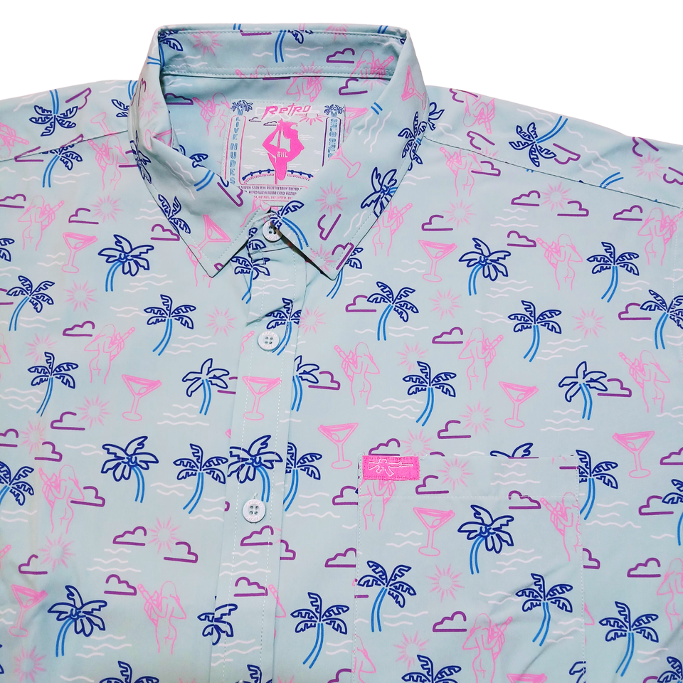 Retro Rifle Graphic Button-Up Shirt 2XL Light Blue Pink Pastel Short ...