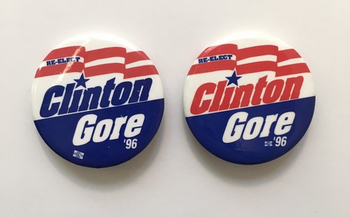 Lot of 2 Re-Elect Bill Clinton Al Gore 1996 campaign pin button ...