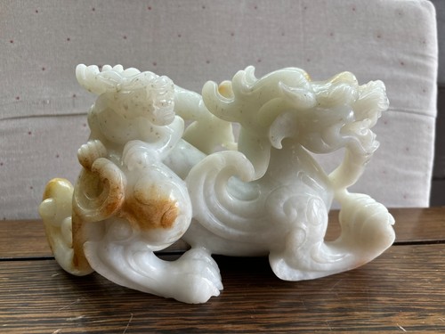 8.5" Old Dynasty Natural Hetian Jade Mother and son Dragon PiXiu Beast ...