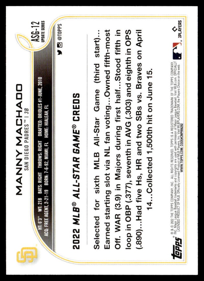 2022 Topps Update #ASG-12 Manny Machado All-Star Game NM-MNT | eBay