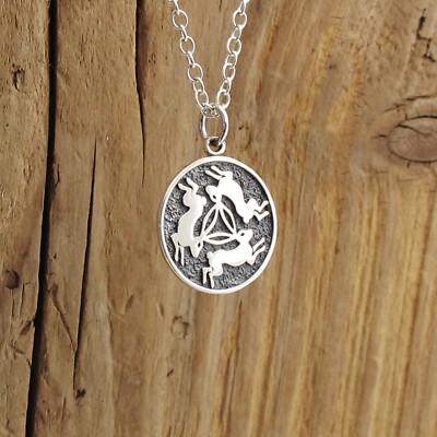 Sterling Silver Three Running Rabbits Coin Charm Pendant Necklace Bunny ...