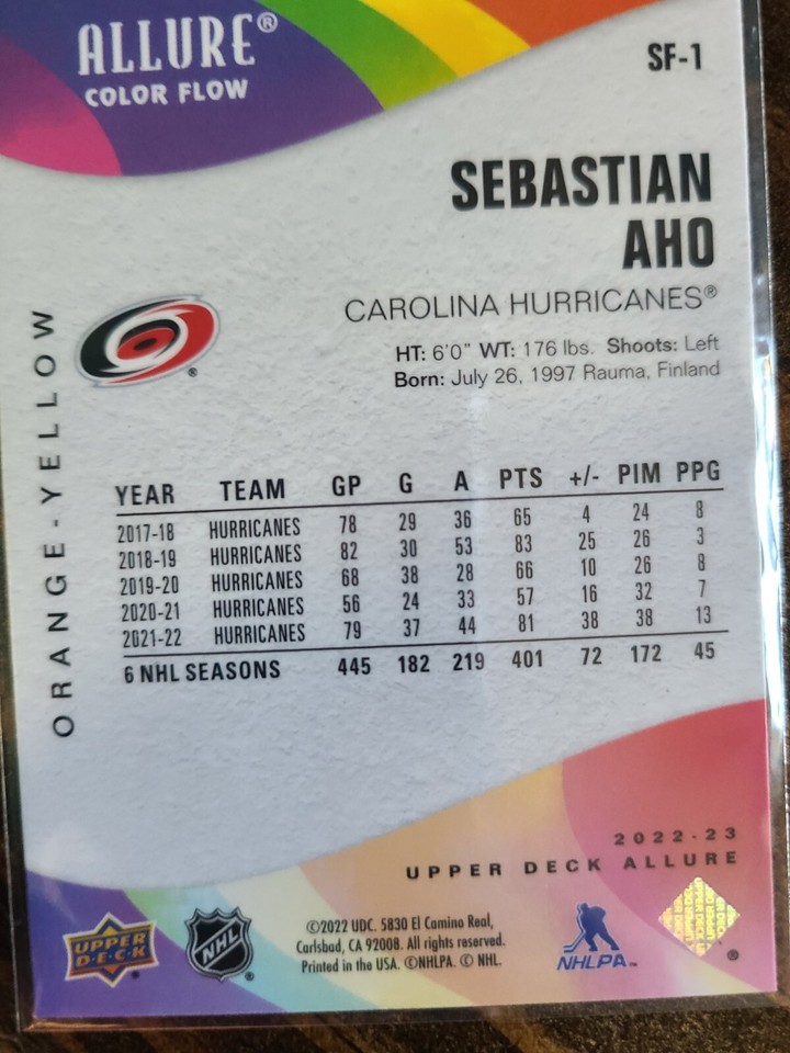 2022-23 Upper Deck Allure Sebastian Aho Color Flow Orange-Yellow #SF-1 ...