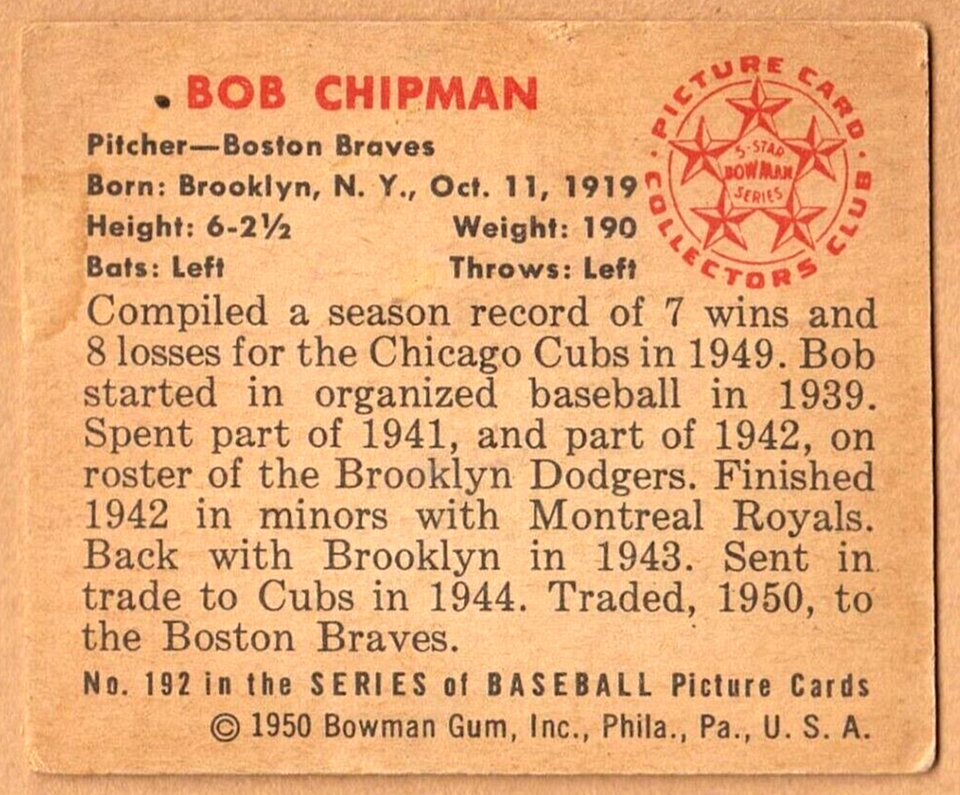 1950 Bowman Baseball #192 Bob Chipman [EX] | eBay