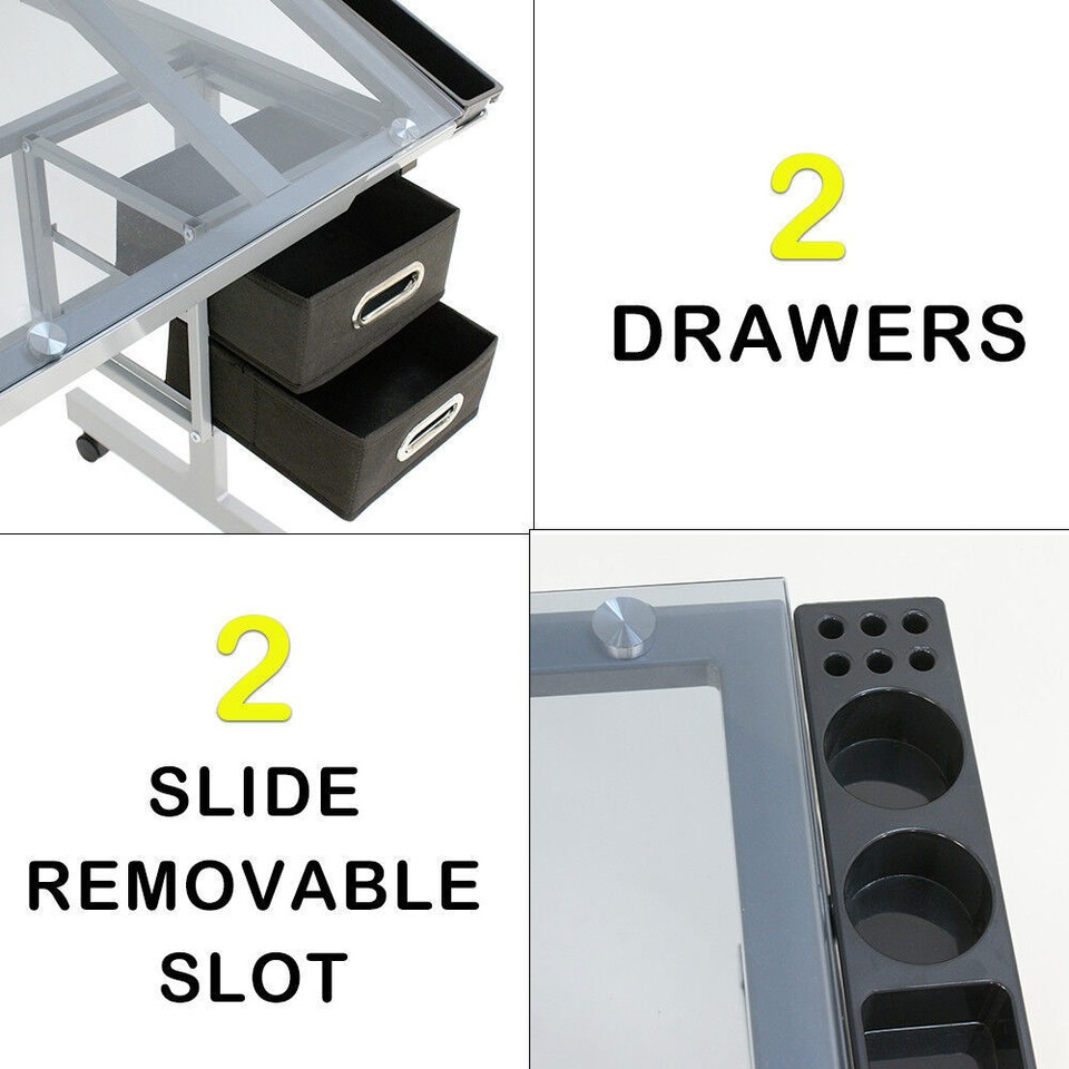 Adjustable Drawing Drafting Table Tempered Glass Art Craft Work Table w ...