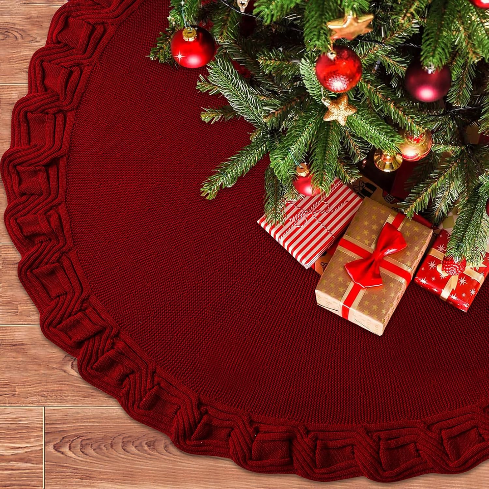 Red Knitted Christmas Tree Skirt 36 Inches Vintage Xmas Tree Skirt ...