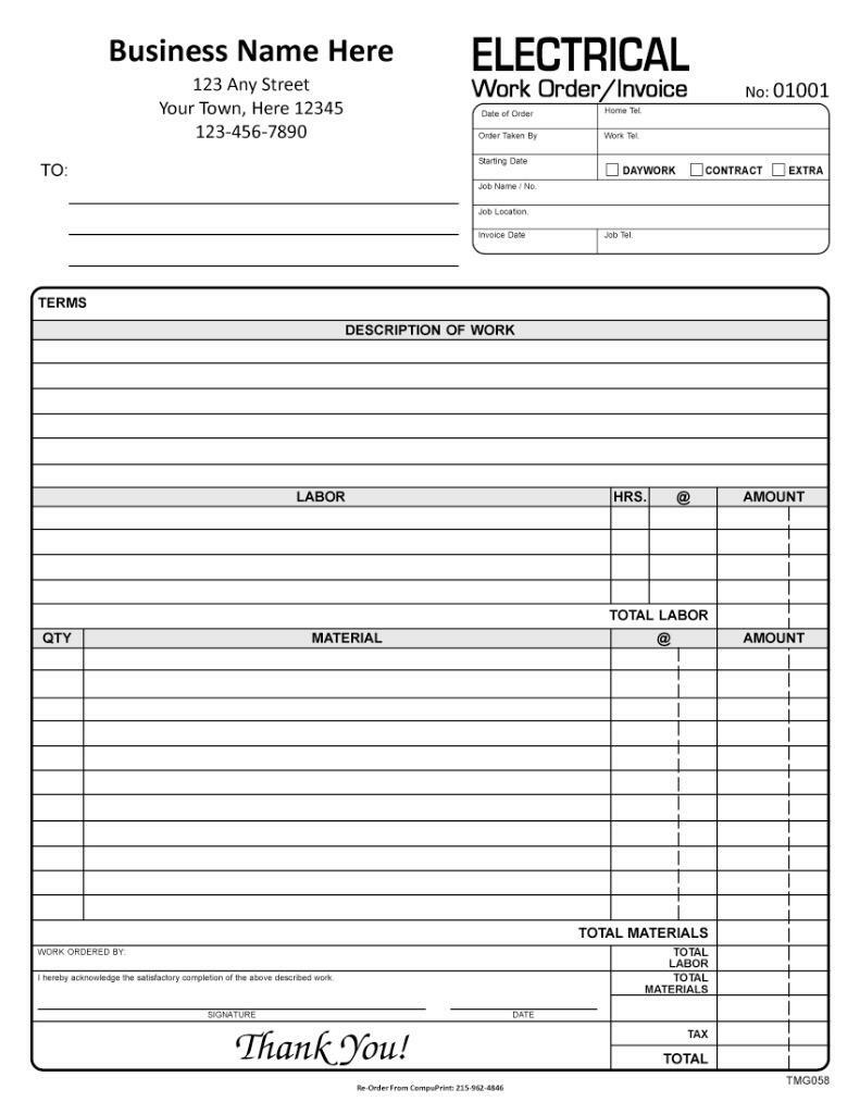 500 Custom Electrical Work Order Proposals / 2 Part Carbonless / 8.5 x ...