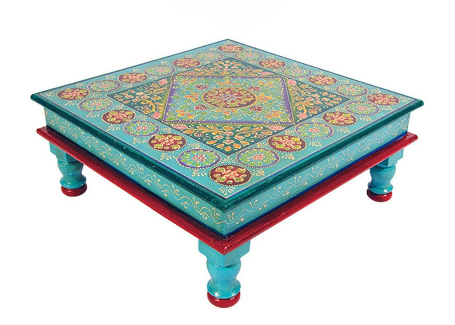Small Coffee Table Beautiful Hand Painted Bajot Turquoise Wooden Indian ...