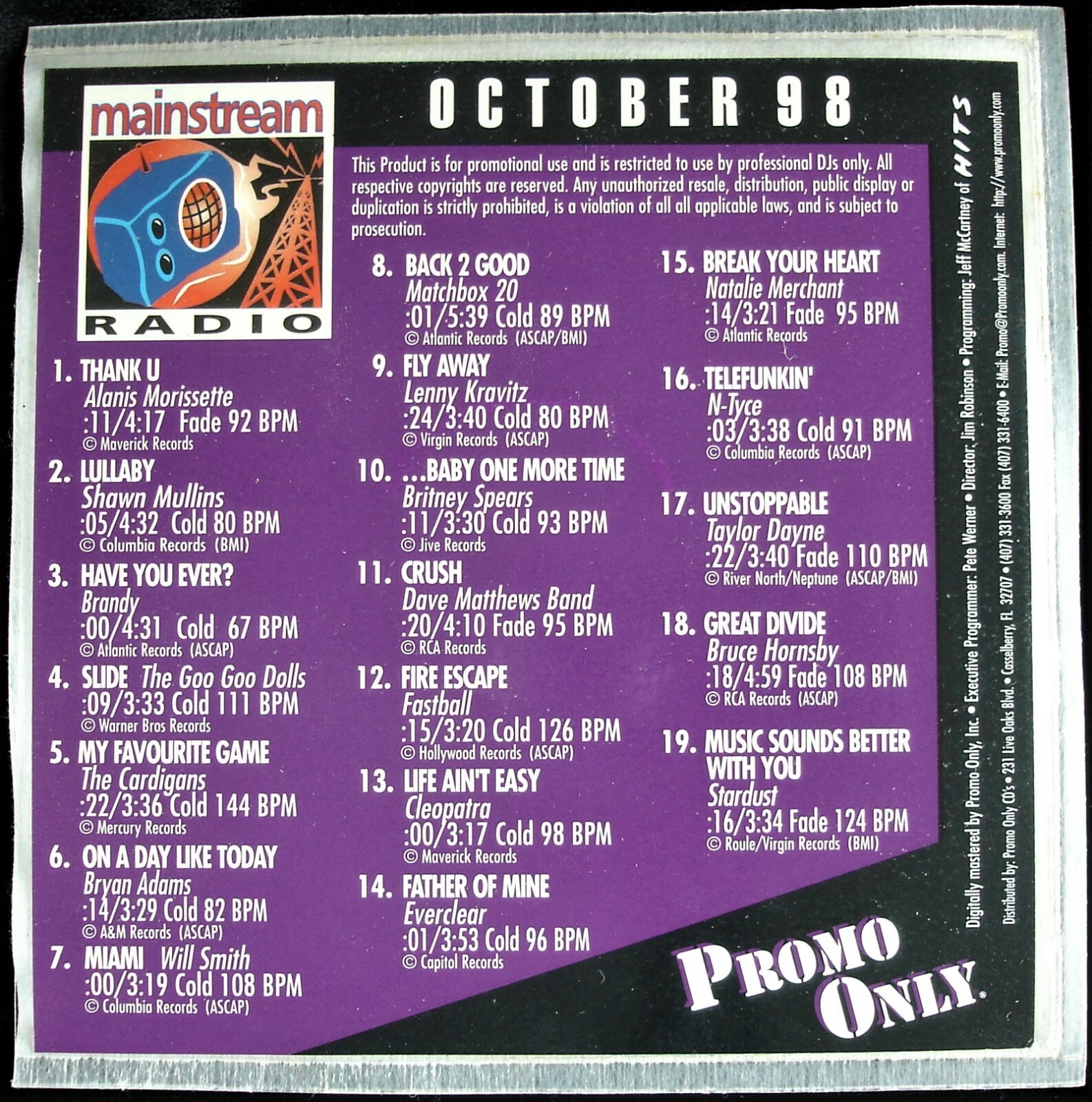 PROMO ONLY "MAINSTREAM RADIO OCTOBER 1998" DJ PROMO CD COMPILATION ...