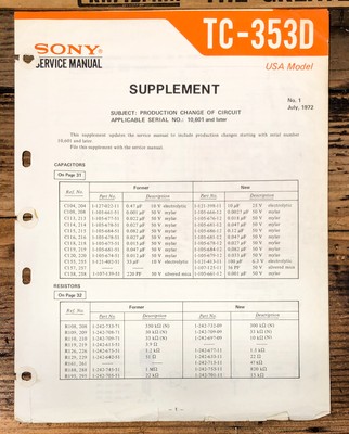 Sony TC-353D Reel to Reel Supplement Service Manual *Original* | eBay