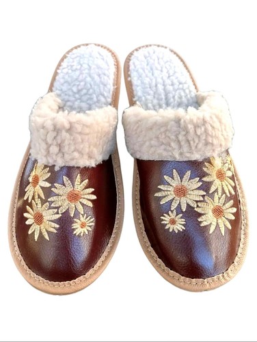 Womens Slippers Genuine Leather+Wool Warm Slip On Mules Indoor Slides ...