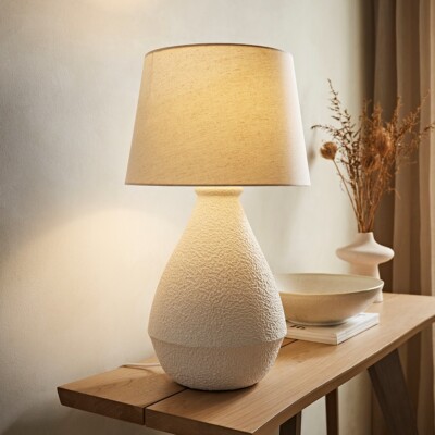 Helena Table Lamp Large Cream Speckled Ceramic Natural Tapered Shade ...
