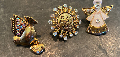 Vintage Estate Lot Lapel Pins Rhinestone Peace Hope Believe Gold Tone ...