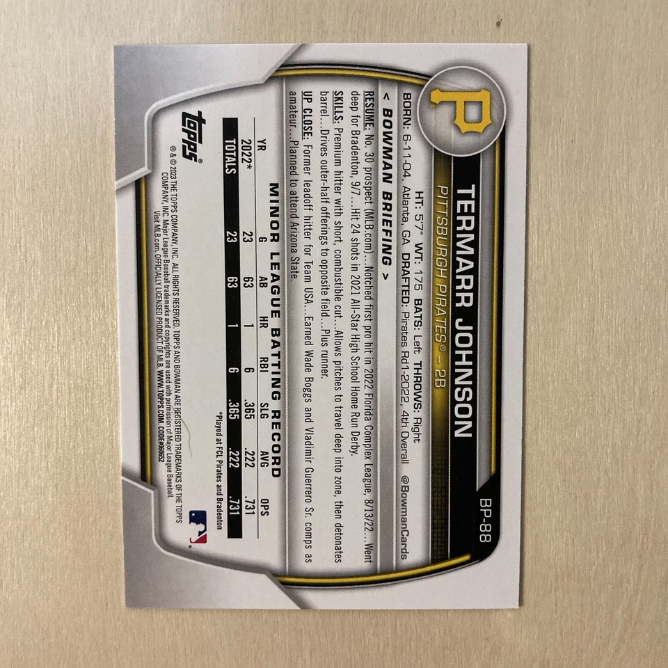 Termarr Johnson 2023 Bowman Prospects #BP-88 MLB Baseball Pittsburgh ...