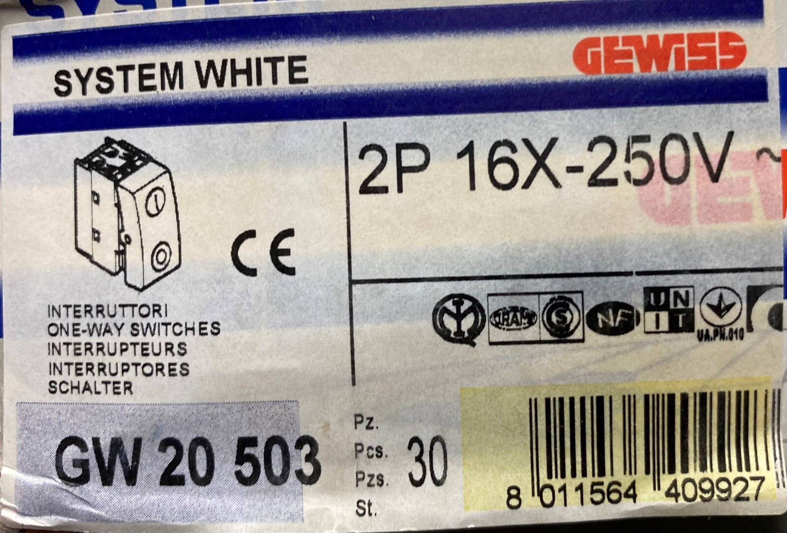 GEWISS GW20503 ONE-WAY SWITCH 2P 250V ac - 16AX - NEUTRAL -SYMBOL 0/I ...