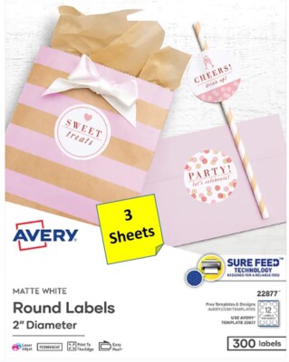 [3 Sheets] Avery 22877 2" Diameter Round Labels Matte White (Laser ...