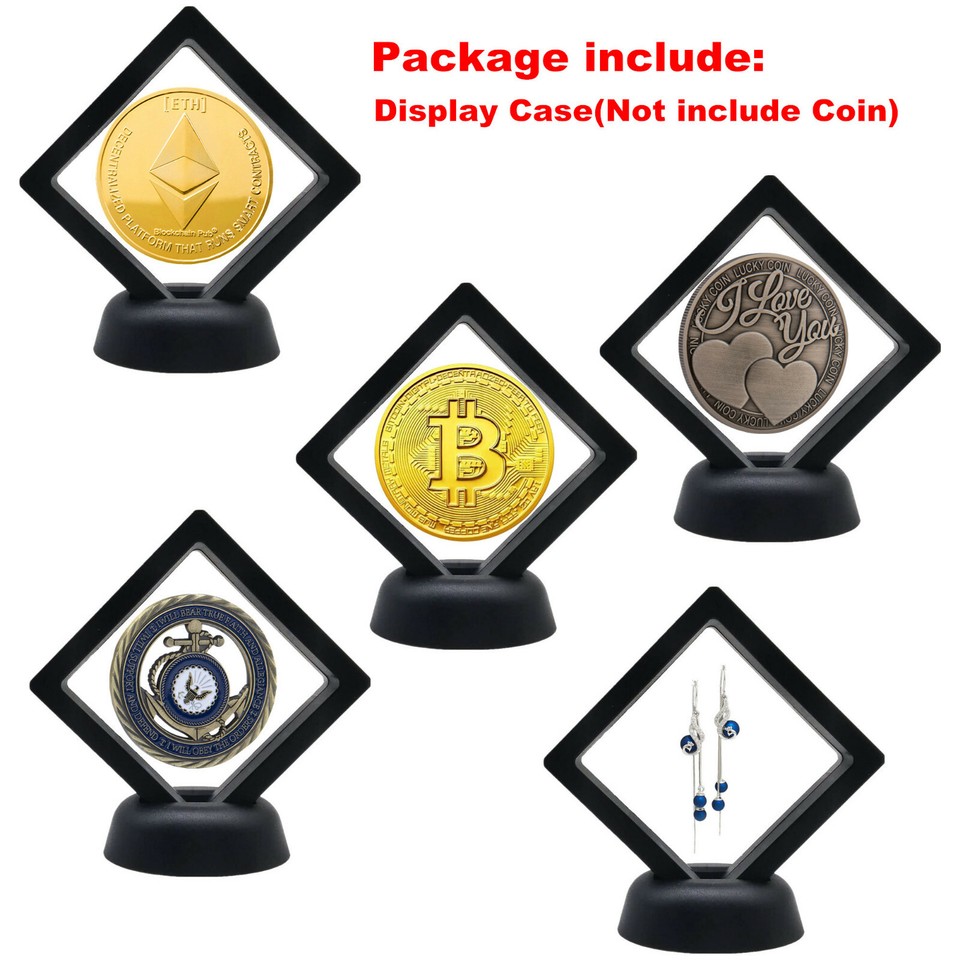 2/Pack Black 3D Floating Coin Display Frame Holder Box Case Black&Stand ...