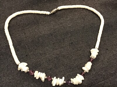 Vintage Pooka Shell Necklace Island Style White with Purple Beads 16 ...