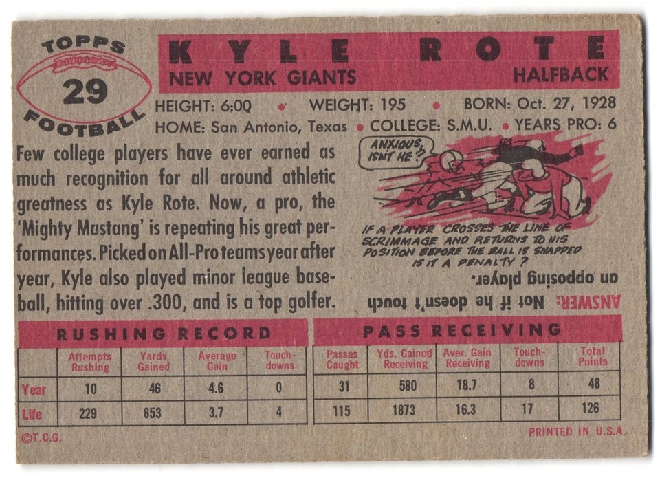 Kyle Rote 1956 Topps NFL Cards #29 | eBay