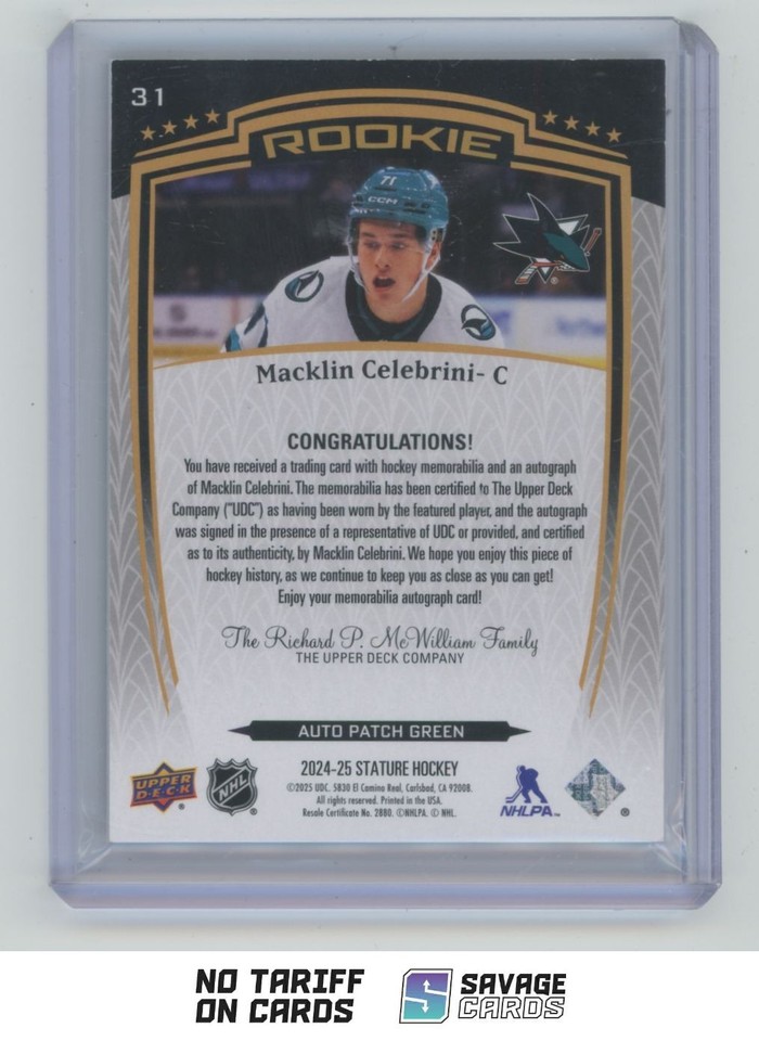 2024-25 Upper Deck Stature Auto Patch Green Rookie Macklin Celebrini ...