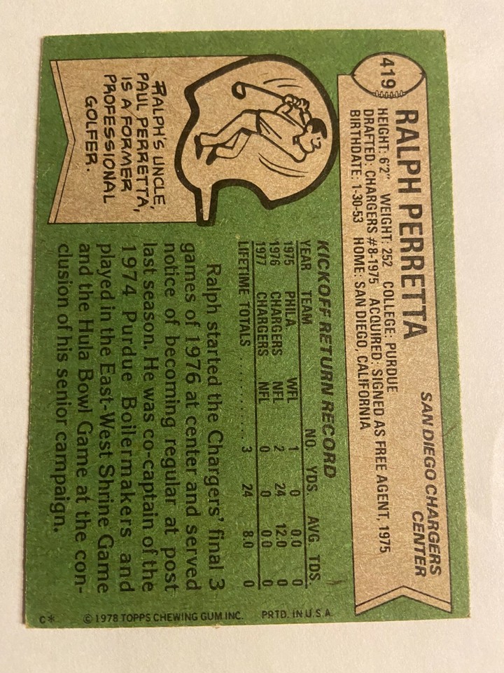 1978 Topps #419 Ralph Perretta San Diego Chargers | eBay