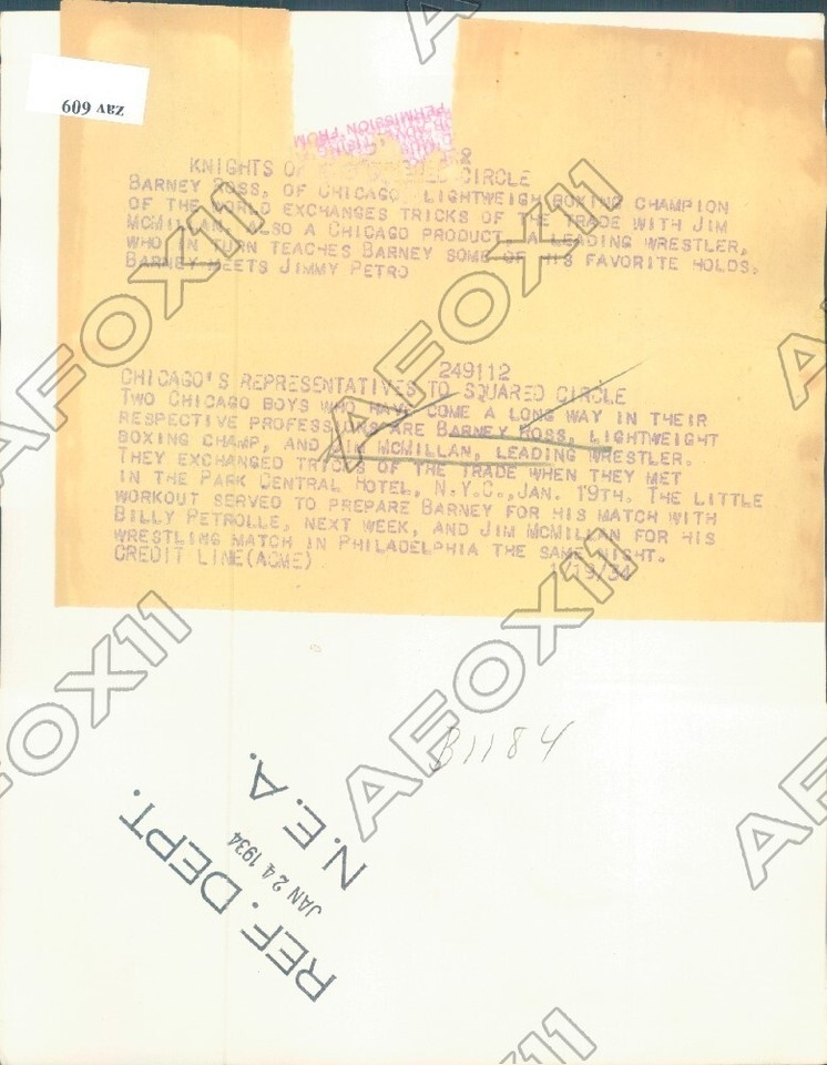 1934 Lightweight Boxer Barney Ross and Wrestler Jim McMillan Press ...