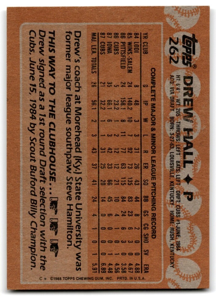 1988 Topps Baseball Card Drew Hall Chicago Cubs #262 | eBay