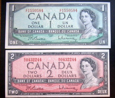 1954, Lot of Canadian Banknote, $1, $2 Beattie - Rasminsky High Grade ...